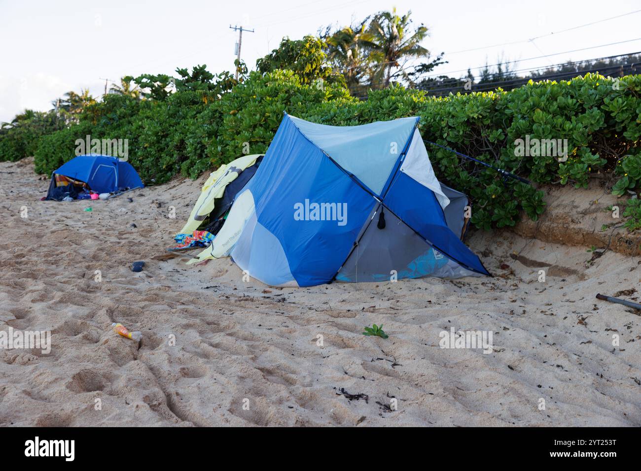 Dec 1 2024. Sunset Beach, HI. Homeless people living in tents at Sunset ...