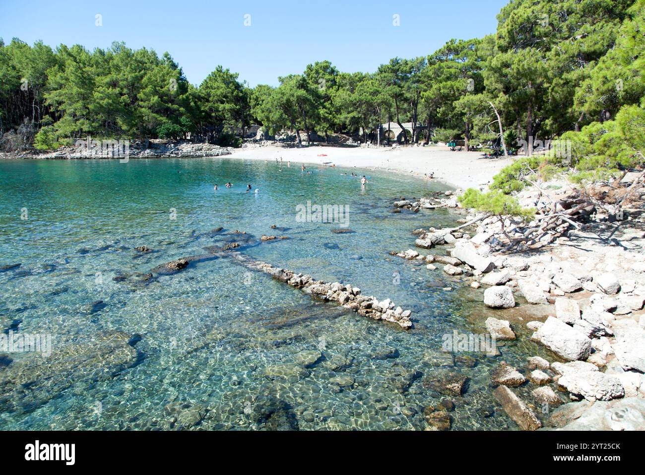 The morning view of Phaselis ancient city inlet and a public beach (Antalya province, Turkey ...