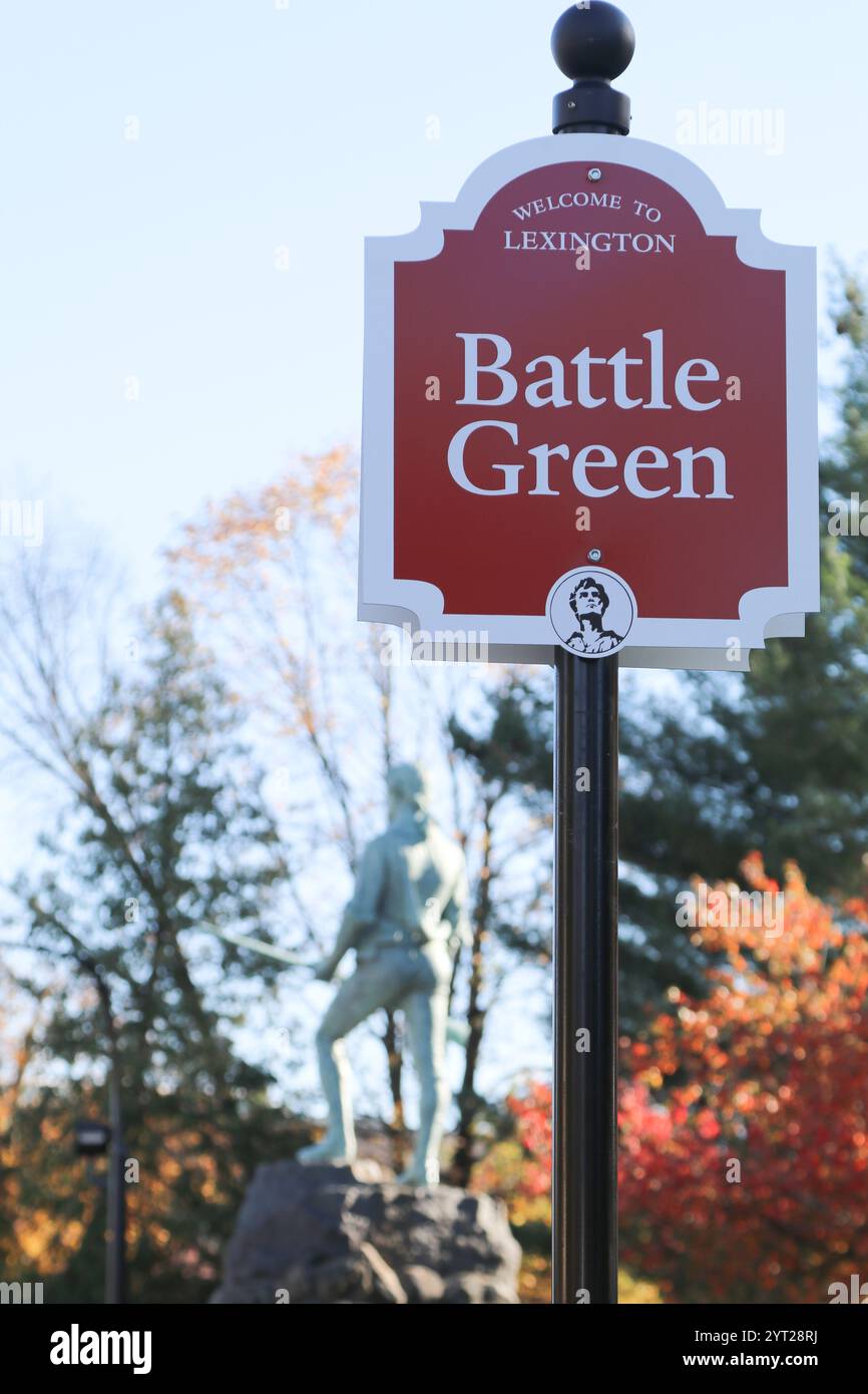 Battle Green Sign and Minuteman Statue, Lexington, MA. Oct 2024. The ...