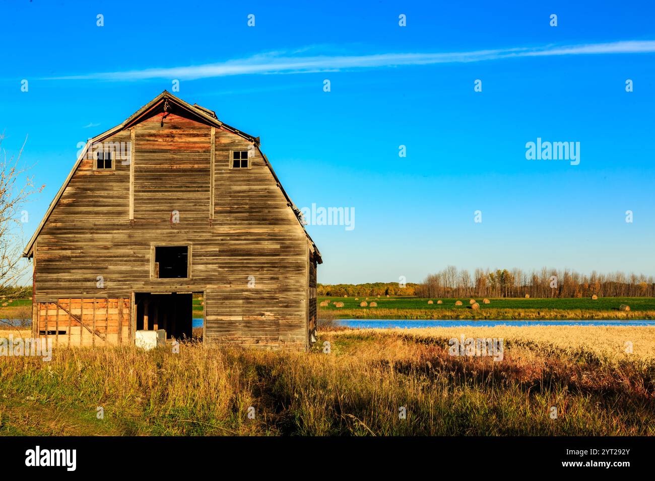 A large, old barn sits in a field with a blue sky overhead. The barn is ...