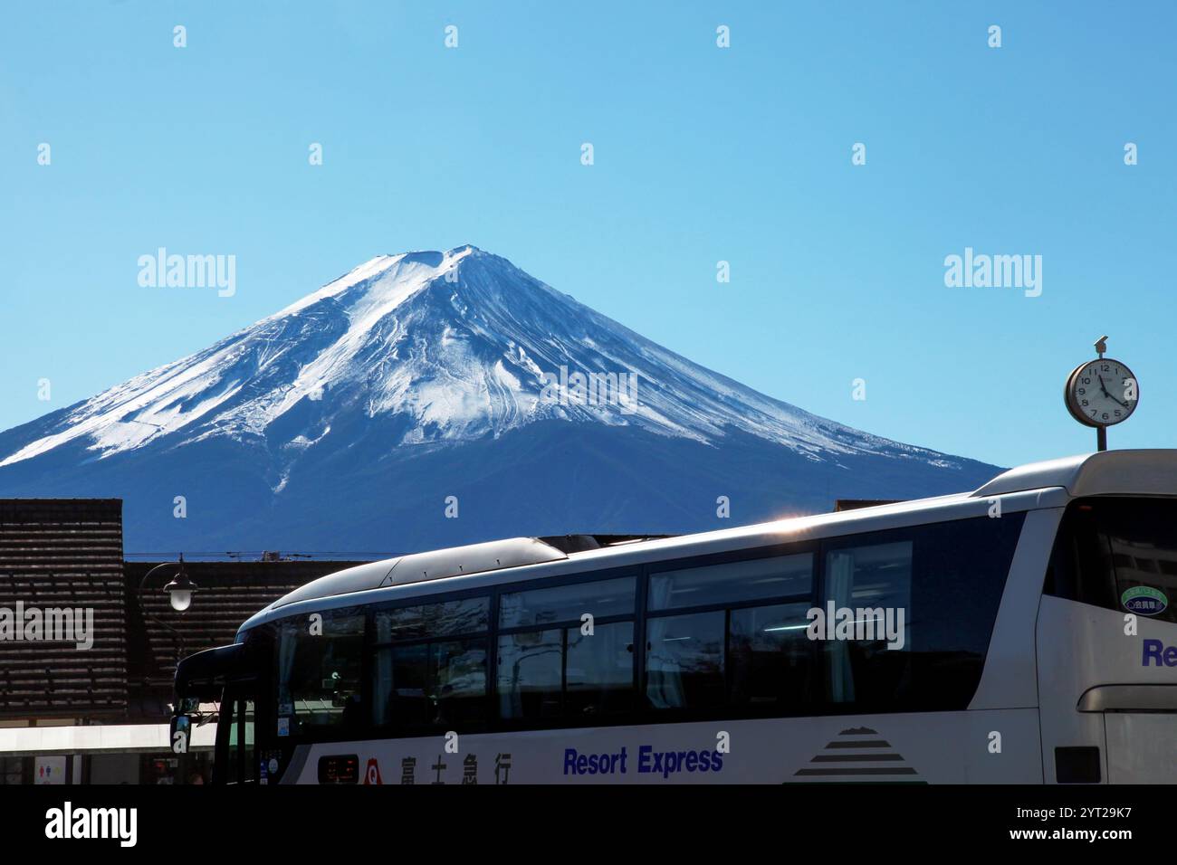 View of Mount Fuji as viewed from Kawaguchiko Station with a bus in the ...