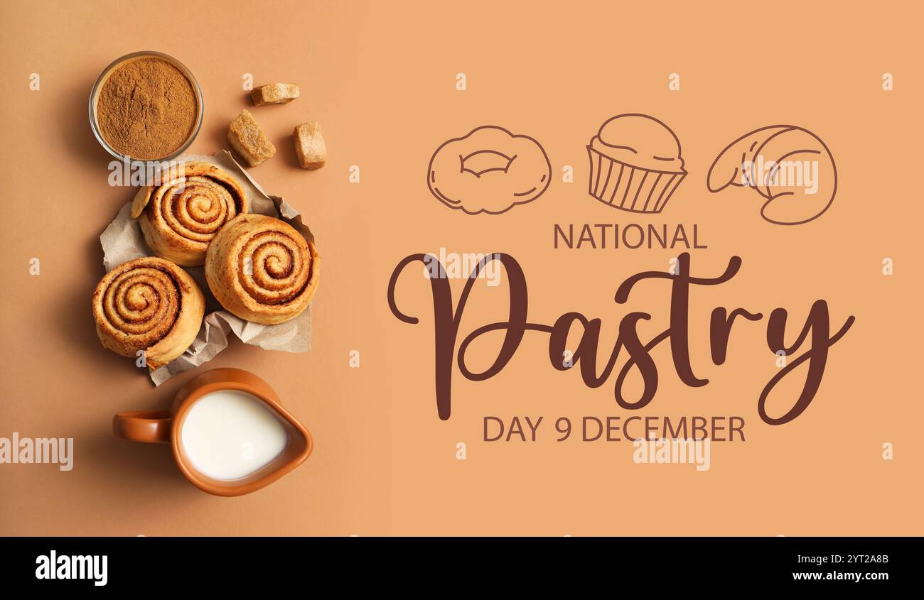 Tasty cinnamon rolls and jug of milk on beige background. Banner for ...