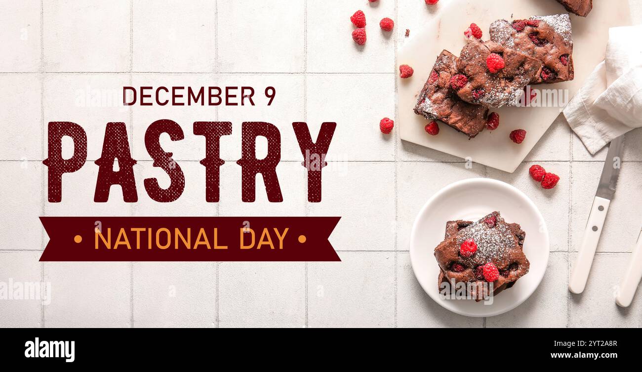 Pieces of raspberry brownie on white background. Banner for National ...