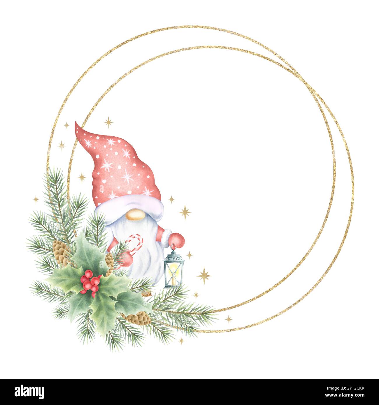 Christmas gnome with lantern, fir branches, cones and holly berries and ...