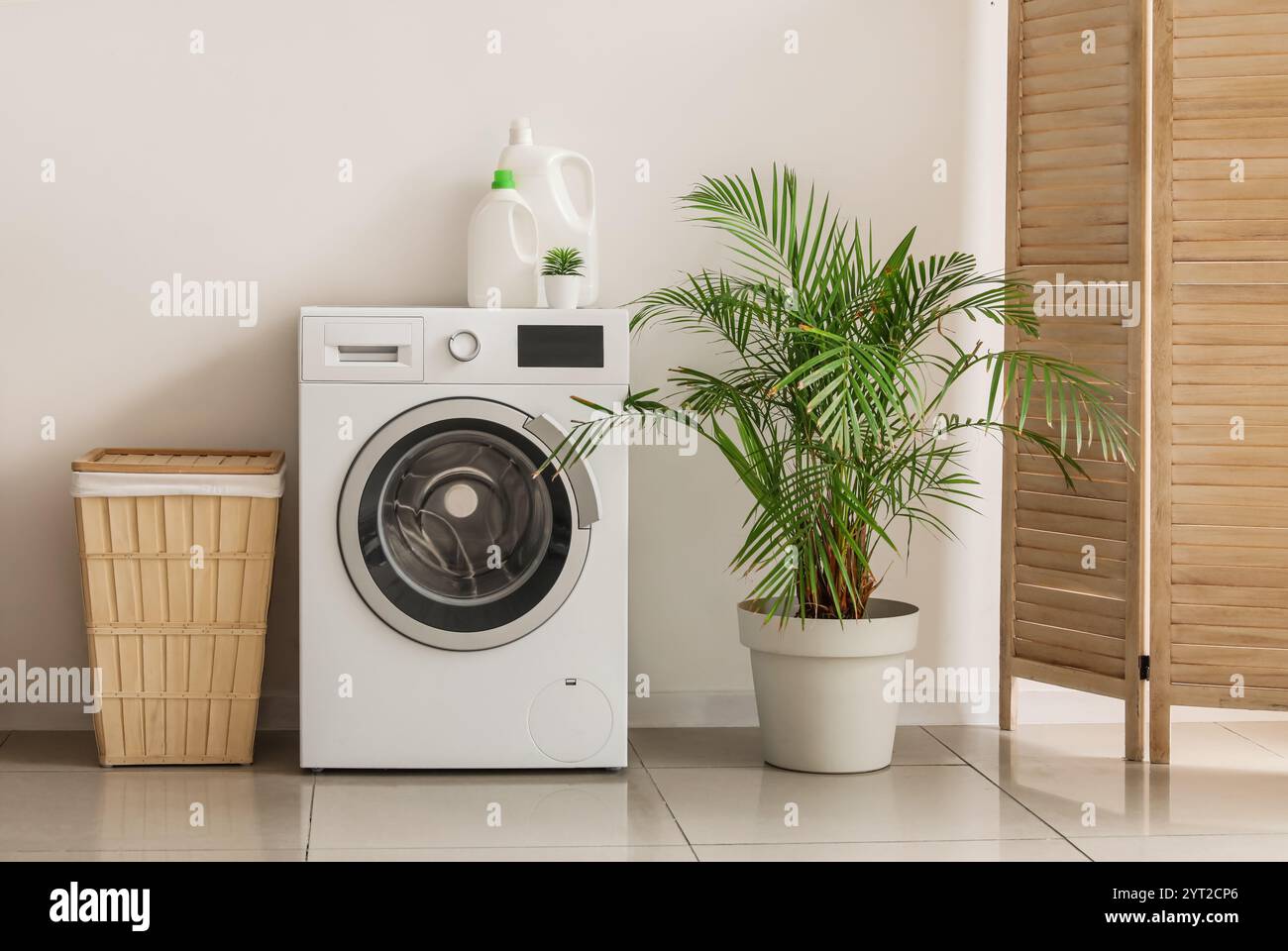 Interior of laundry room with washing machine, basket and palm tree ...