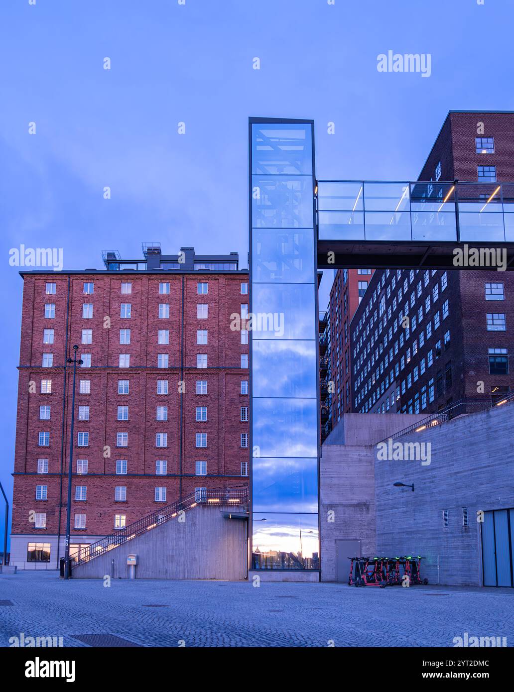 Stockholm, Sweden - 3 March 2023: A modern building with a glass bridge ...