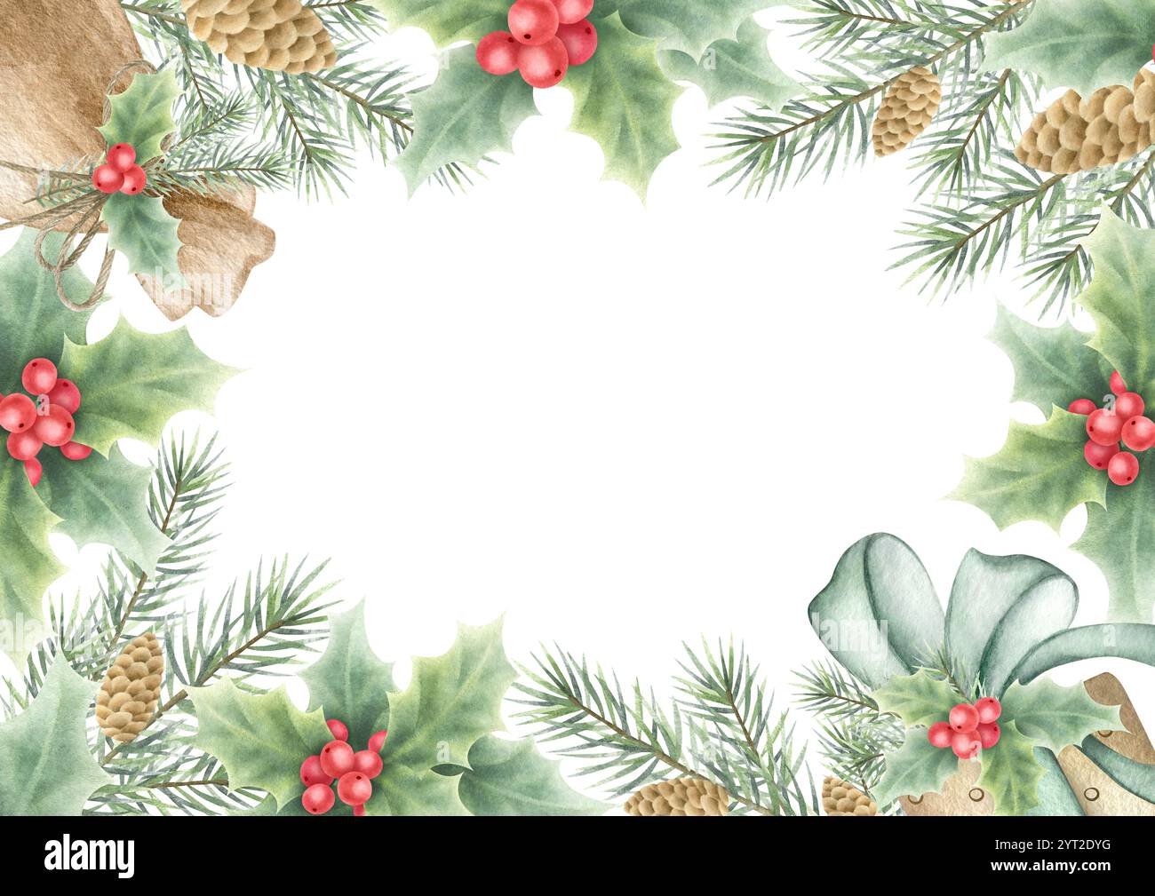 Christmas card rectangular template with gifts, holly, red berries, fir ...