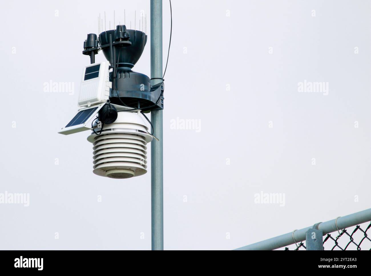 A weather monitoring station is installed on a pole, equipped with ...