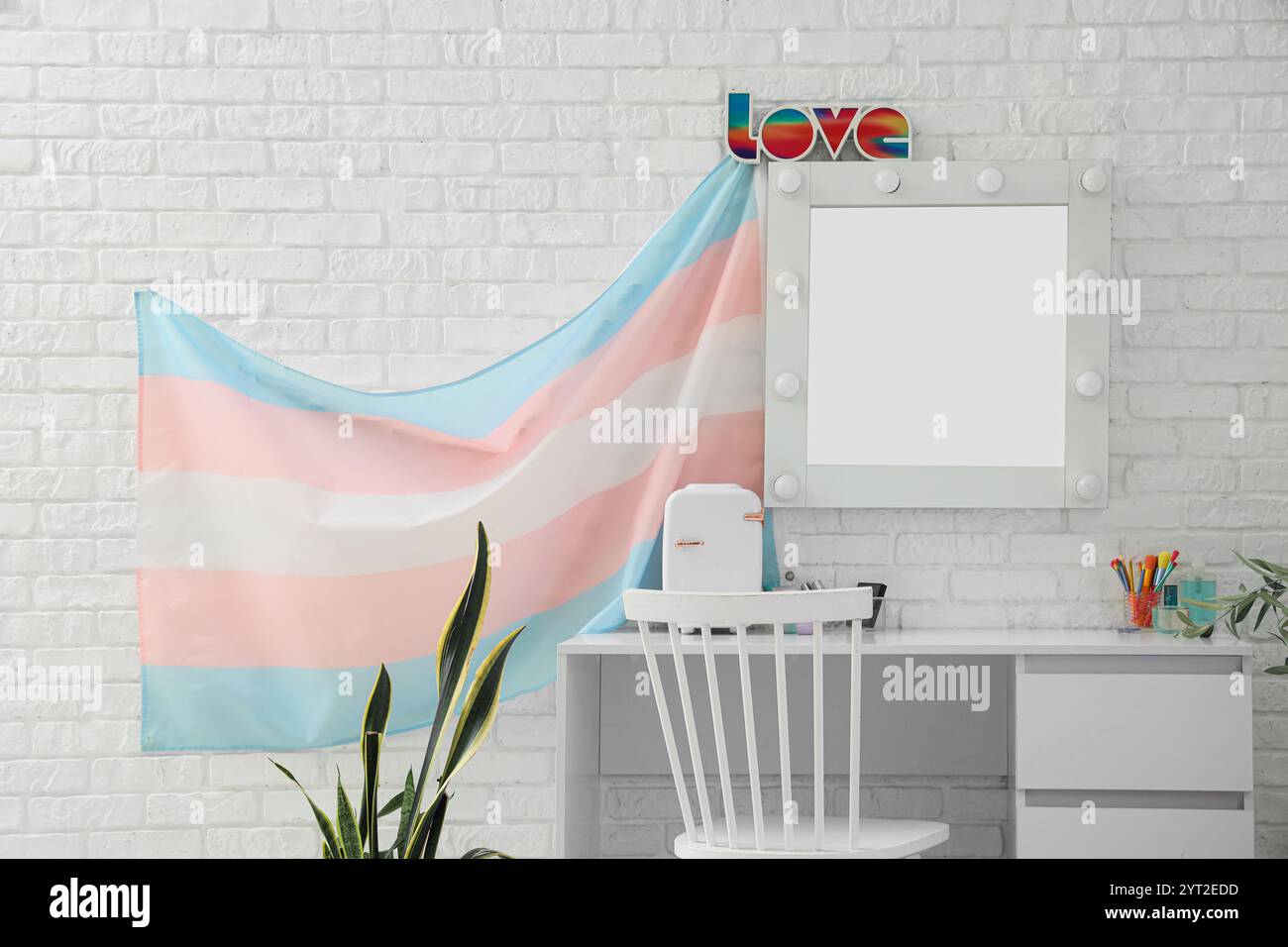 Interior of makeup room with table, mirror and transgender flag Stock ...