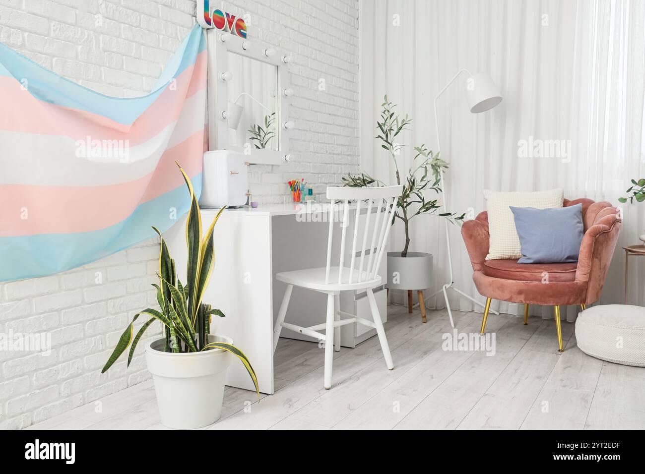 Interior of makeup room with table, armchair and transgender flag Stock ...
