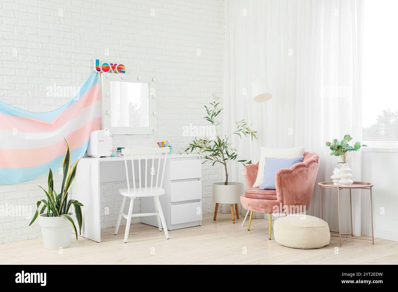 Interior of makeup room with table, armchair and transgender flag Stock ...