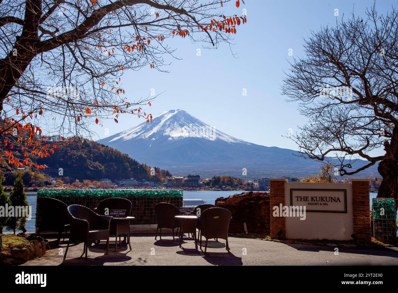 View of Lake Kawaguchi in Yamanashi, Japan from the Kukuna Hotel with Mount Fuji in the ...