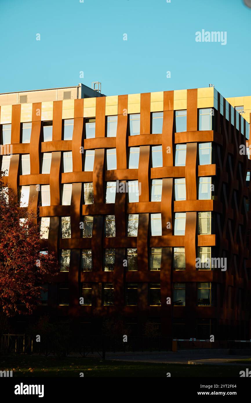 Modern architecture with a striking wooden facade and reflective ...