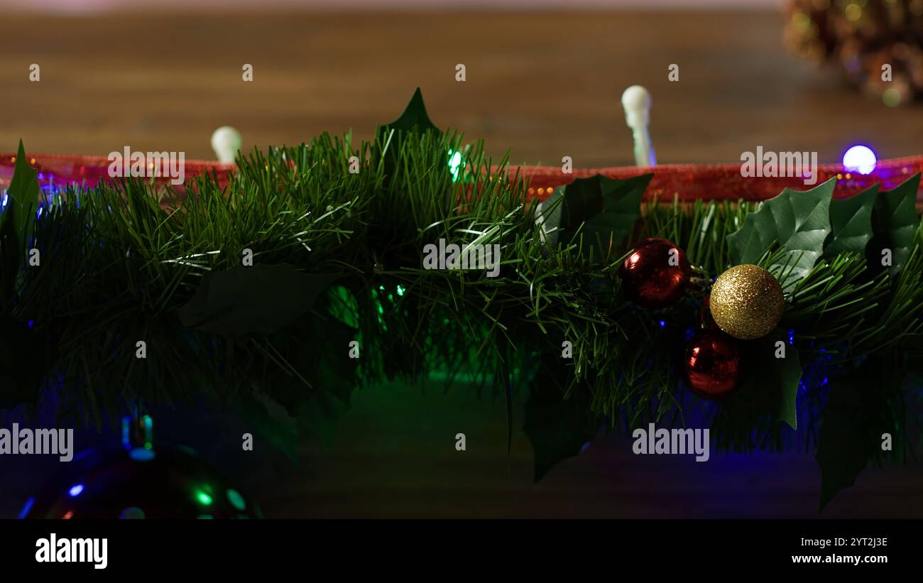 Empty decorated North Pole log cabin with ornaments and x mas objects ...
