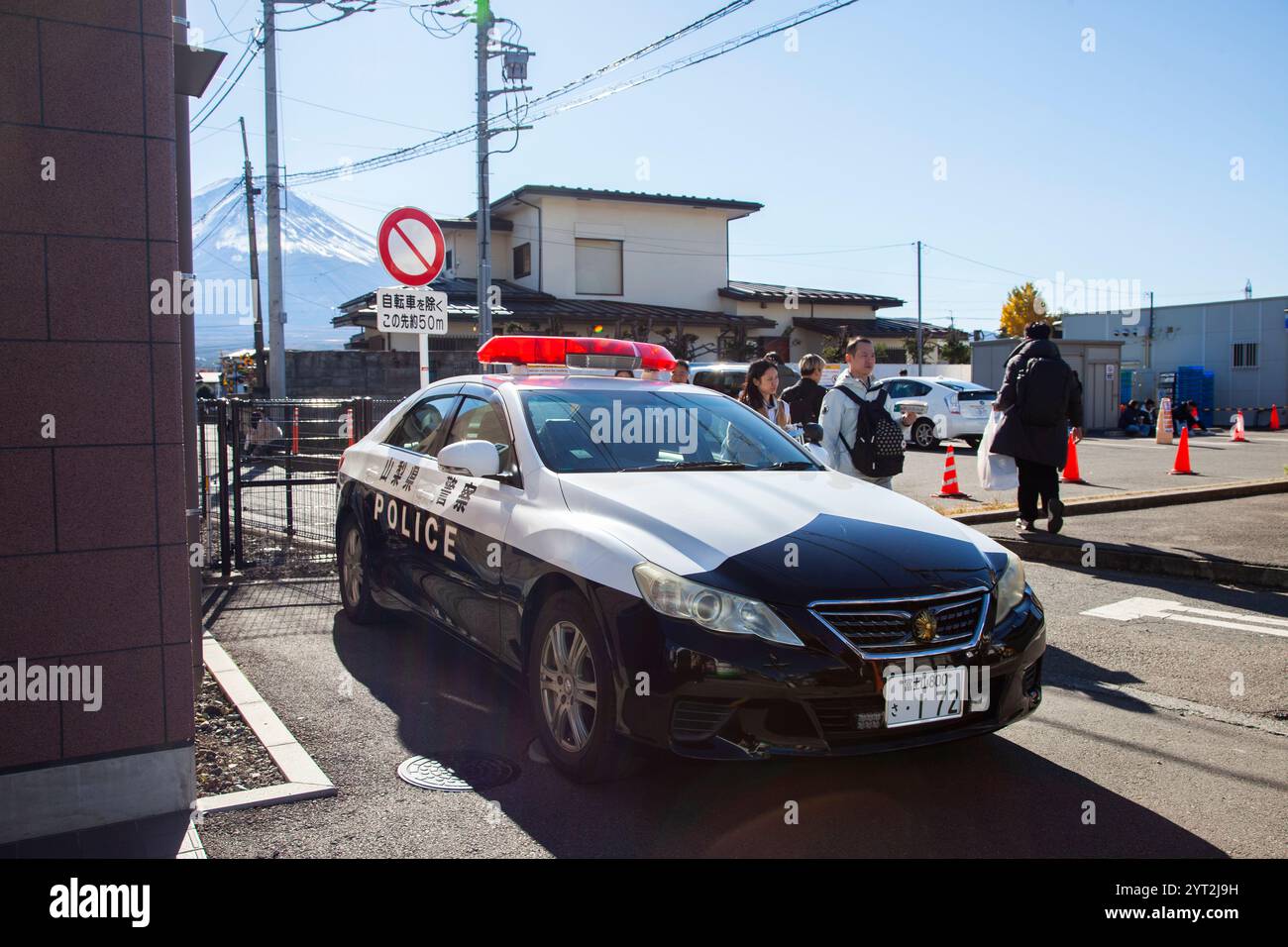 Japanese police car parked in a side road in Kawaguchiko with Mount ...