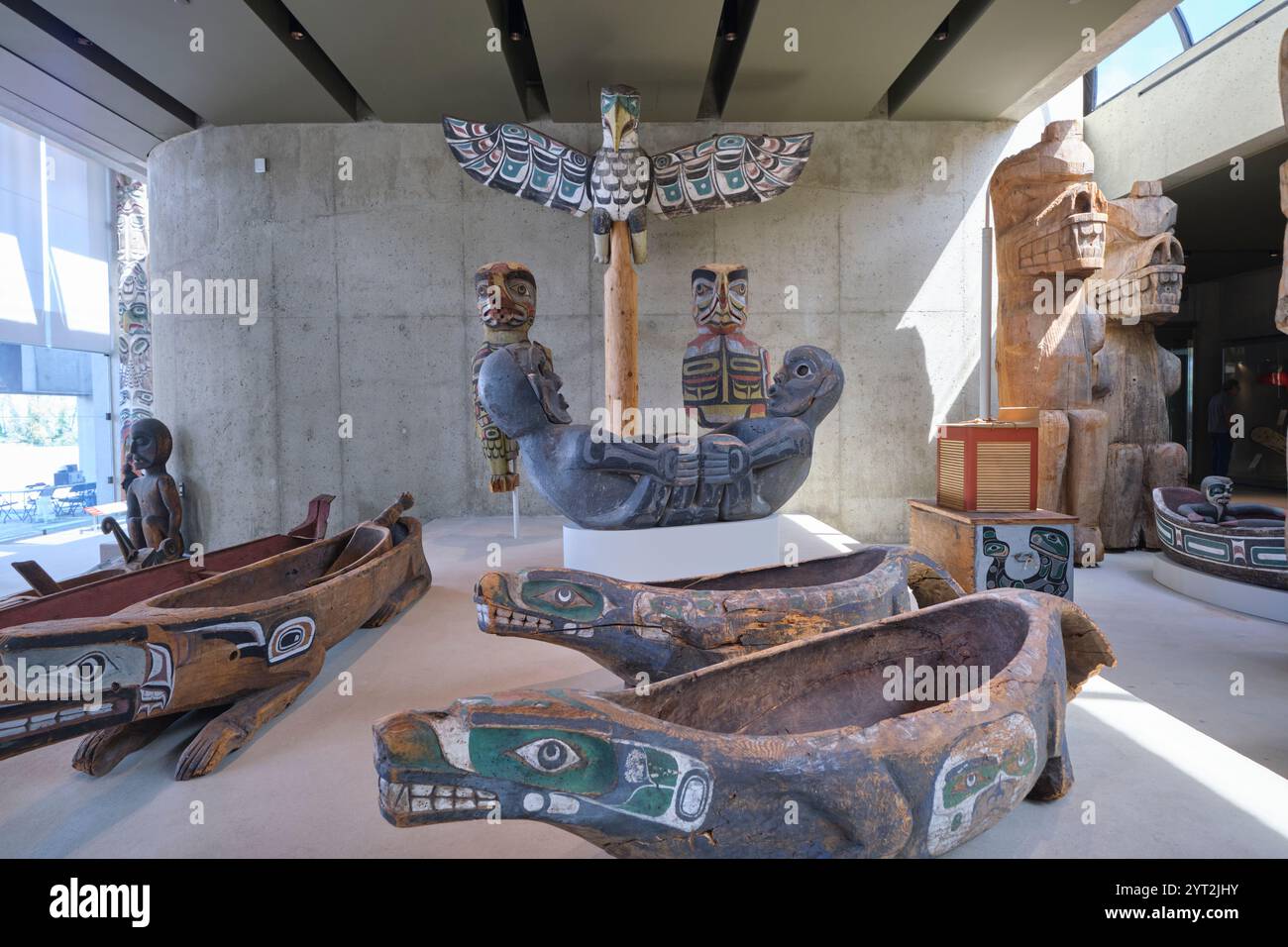 Various First Nations, wood carved figures, pieces on display in the ...