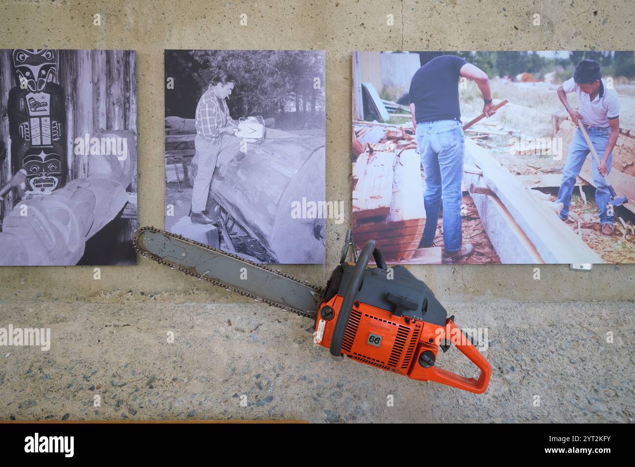 A chain saw in front of photographs showing how it is used in ...