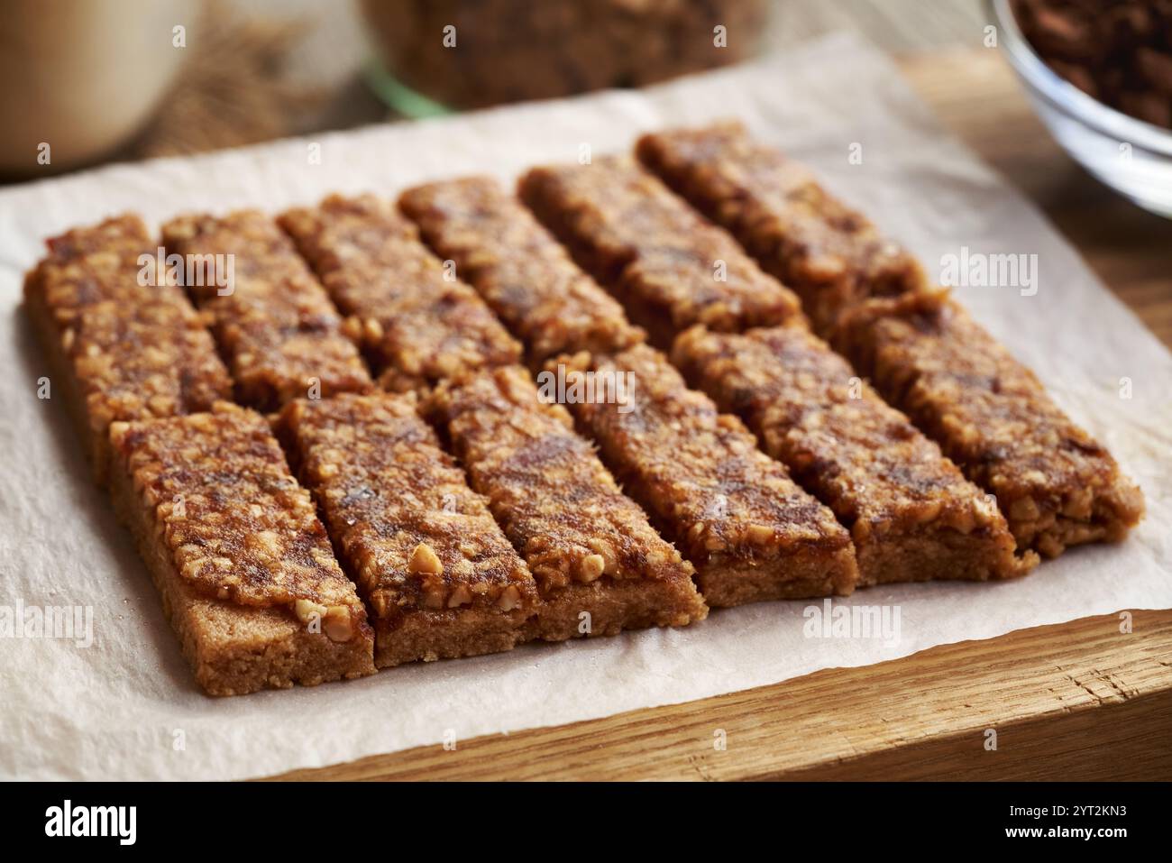 Homemade no-bake healthy bars made of whey protein powder, peanut ...
