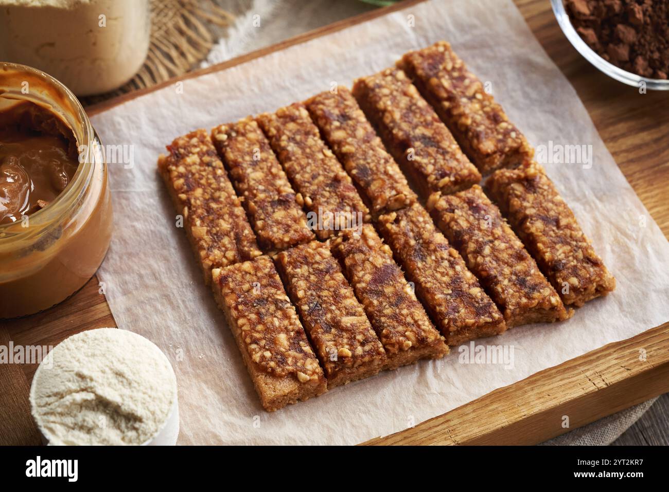 Homemade no-bake healthy bars made of whey protein powder, maple syrup ...
