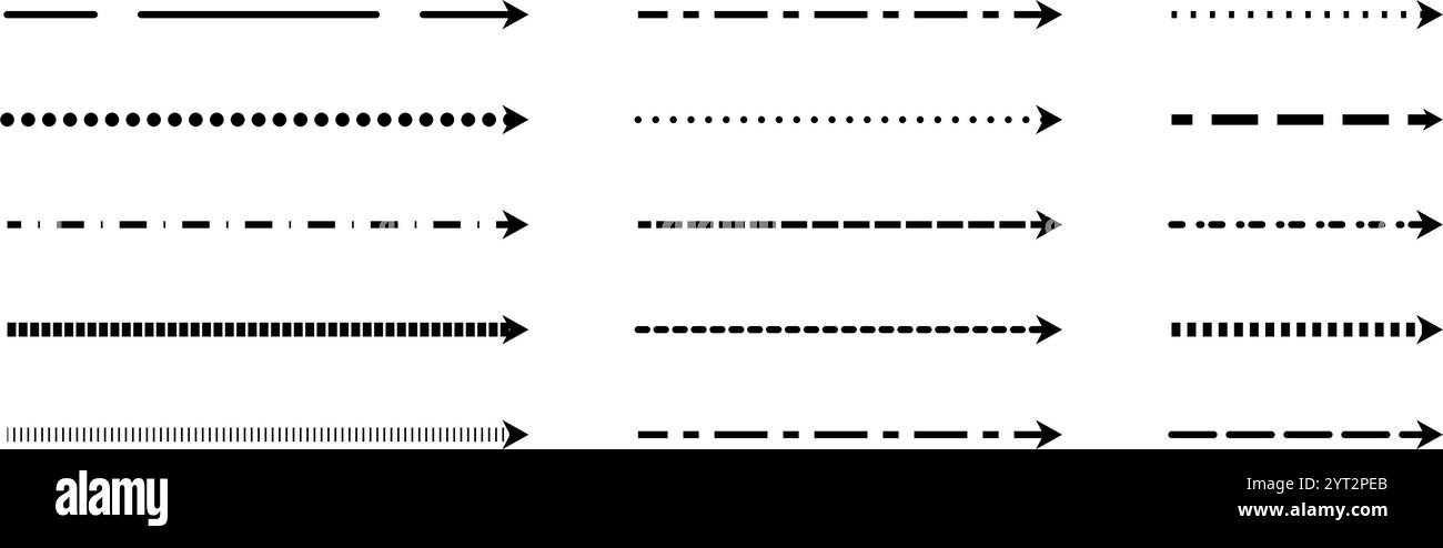 Straight thin dashed arrows collection. Black long dotted arrow set ...