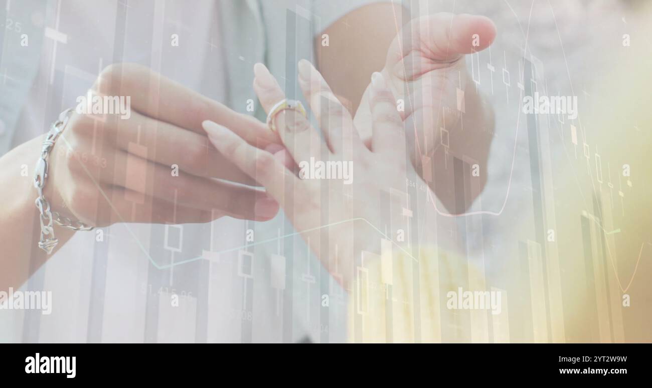 Image of diagrams and data processing over biracial man putting ring on ...