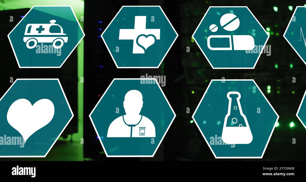 Image of medical icons and data processing over computer servers Stock ...