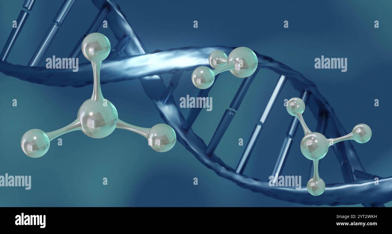 Image of molecules moving over dna strand spinning Stock Photo - Alamy