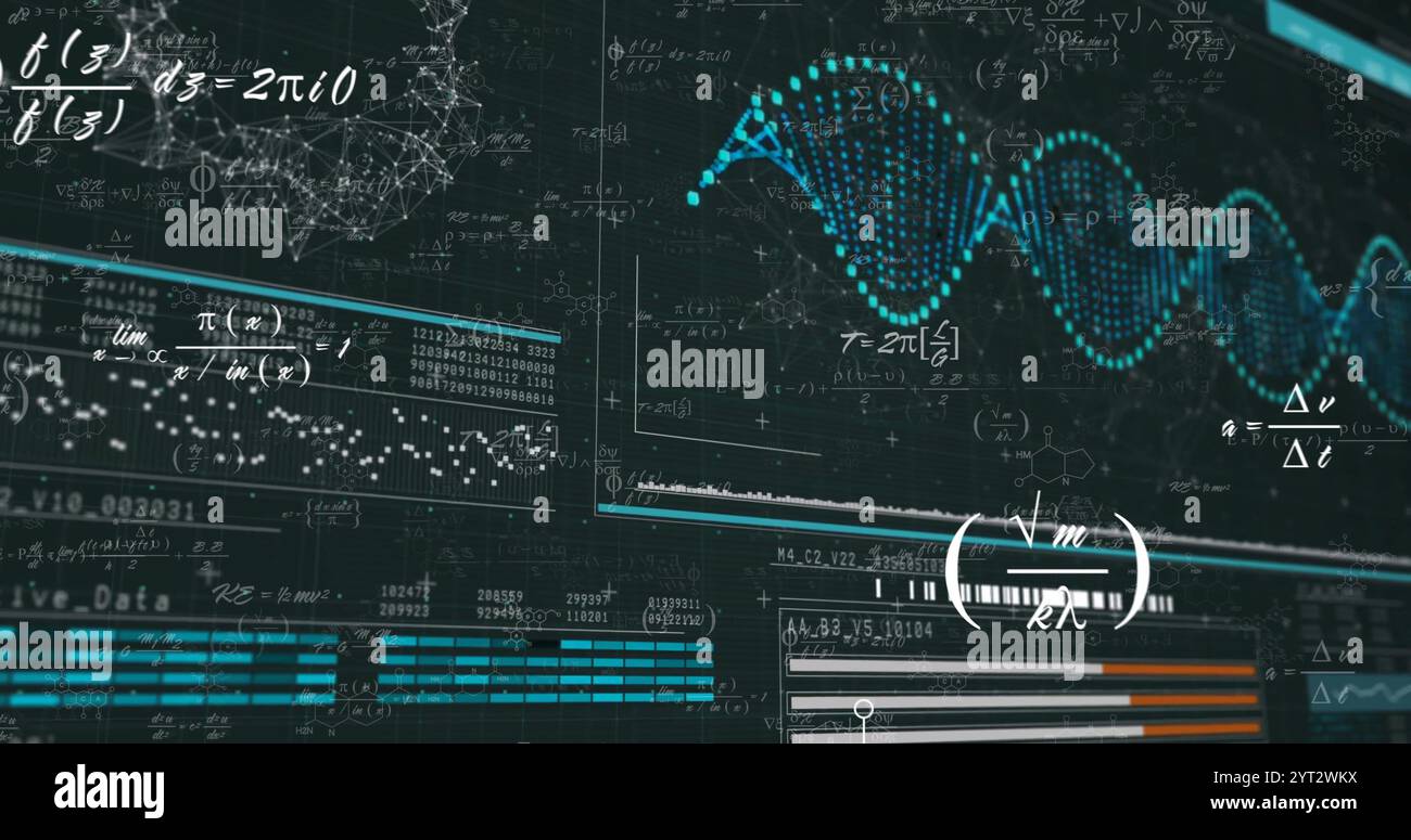 Image of mathematical equations over data processing with dna strand on ...