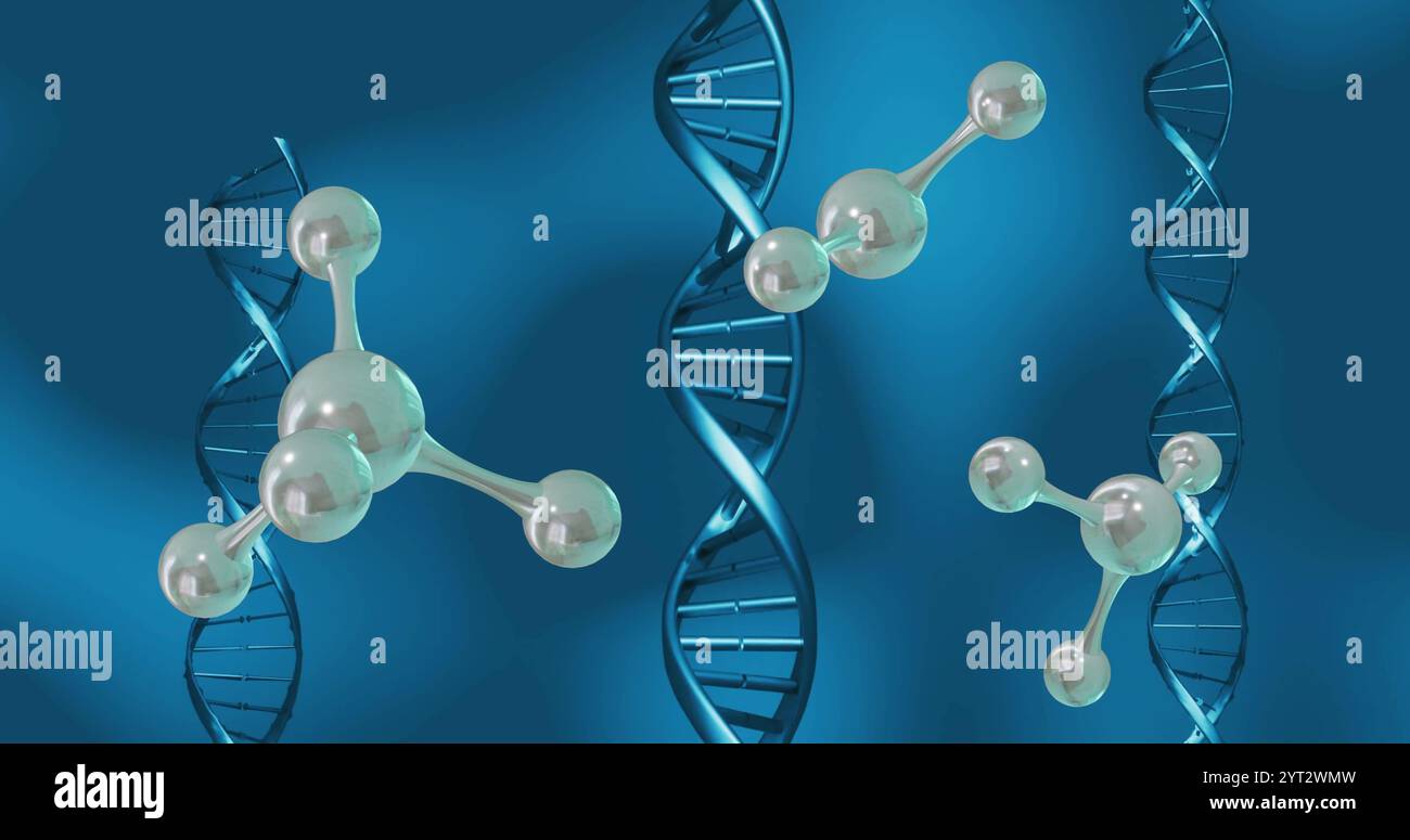 Image of molecules moving over dna strands spinning Stock Photo - Alamy