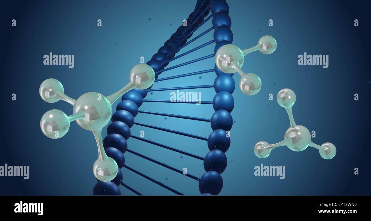 Image of molecules moving over dna strand spinning Stock Photo - Alamy