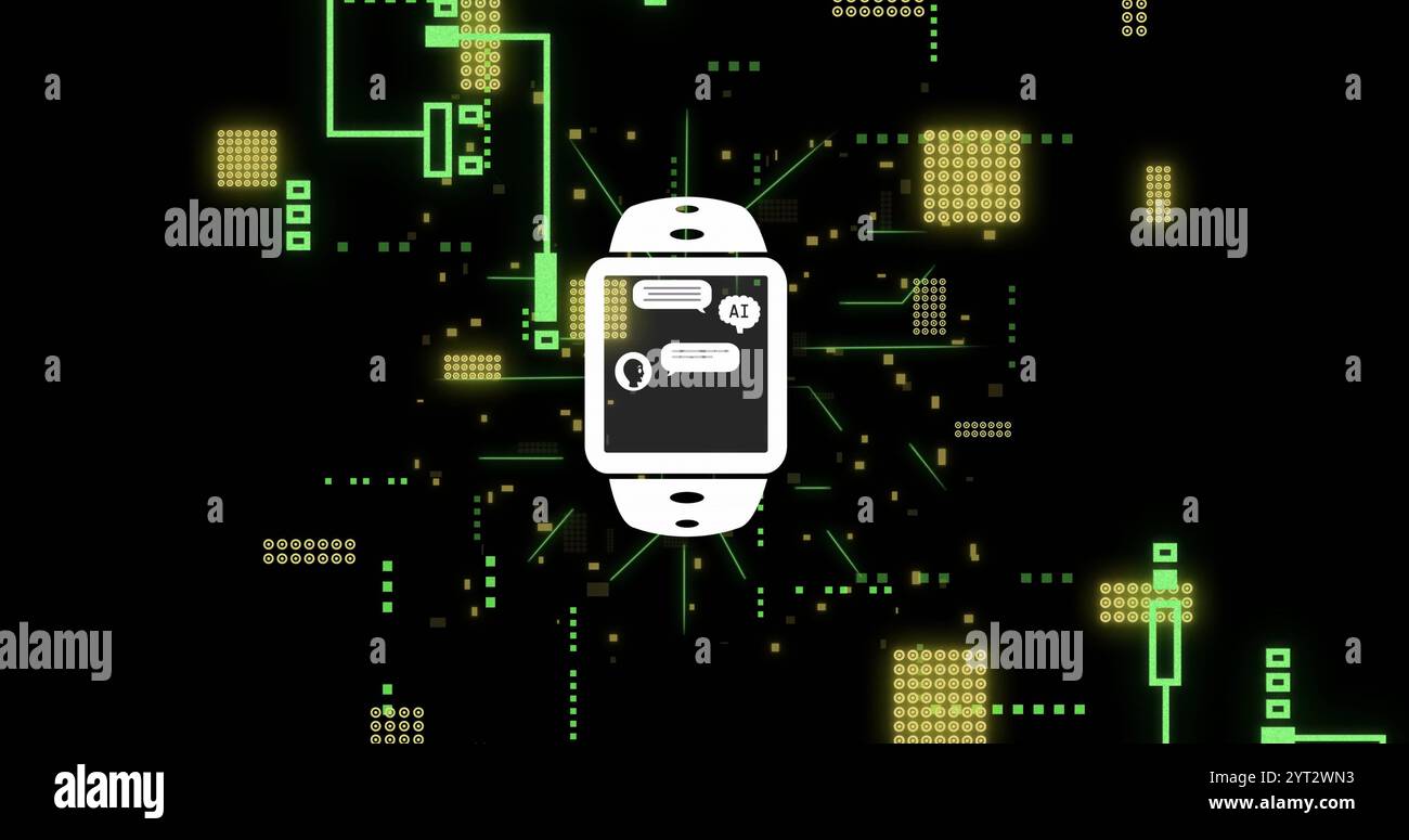 Image of ai data processing over smartwacth and computer circuit board. Global artificial ...