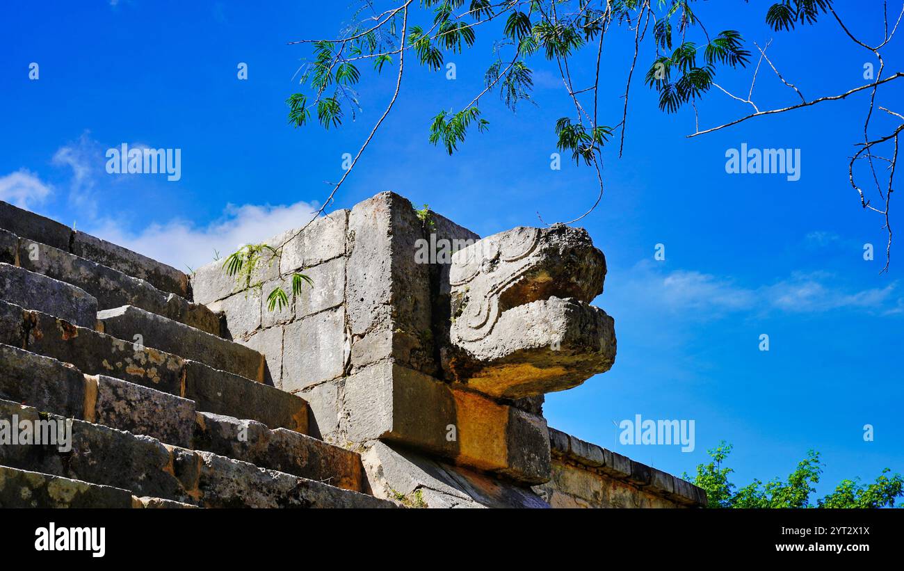 Plumed serpent heads crown all four sides of the raised platform of ...