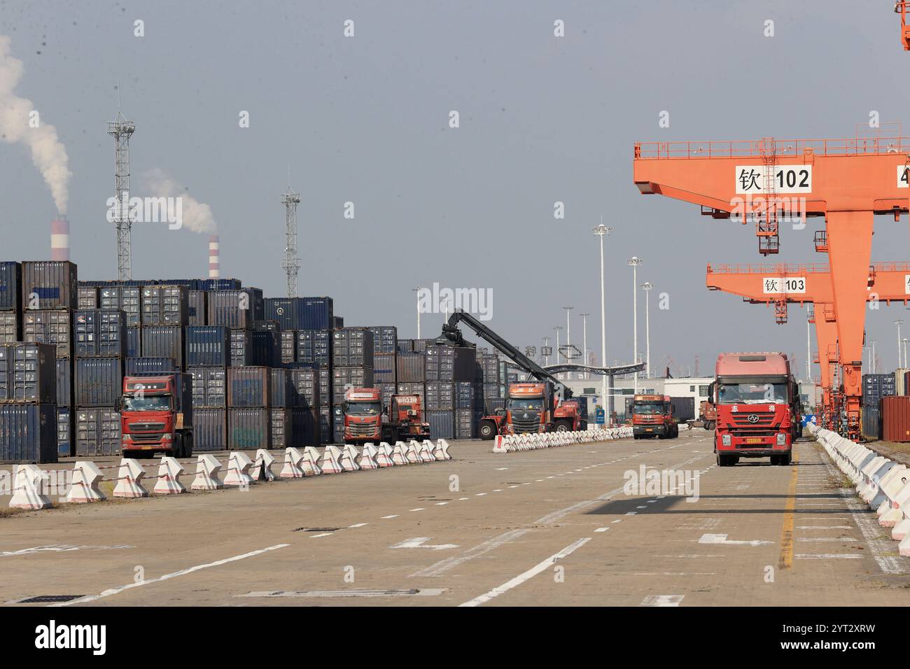 Freight cars transport containers in preparation for a rail-sea ...