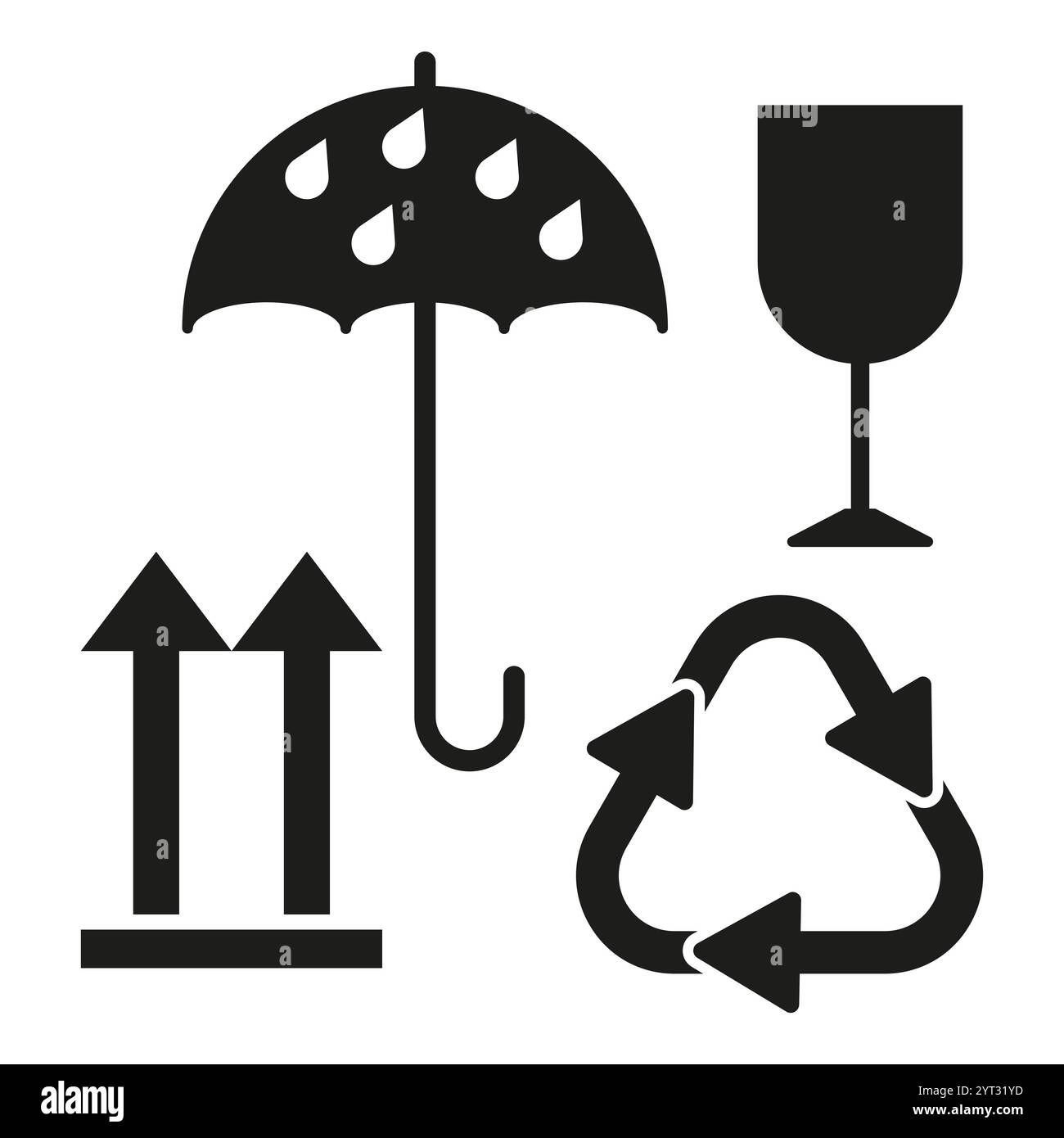 Package care icons. Fragile item symbol. Shipping cautionary graphics. Recycle and umbrella ...