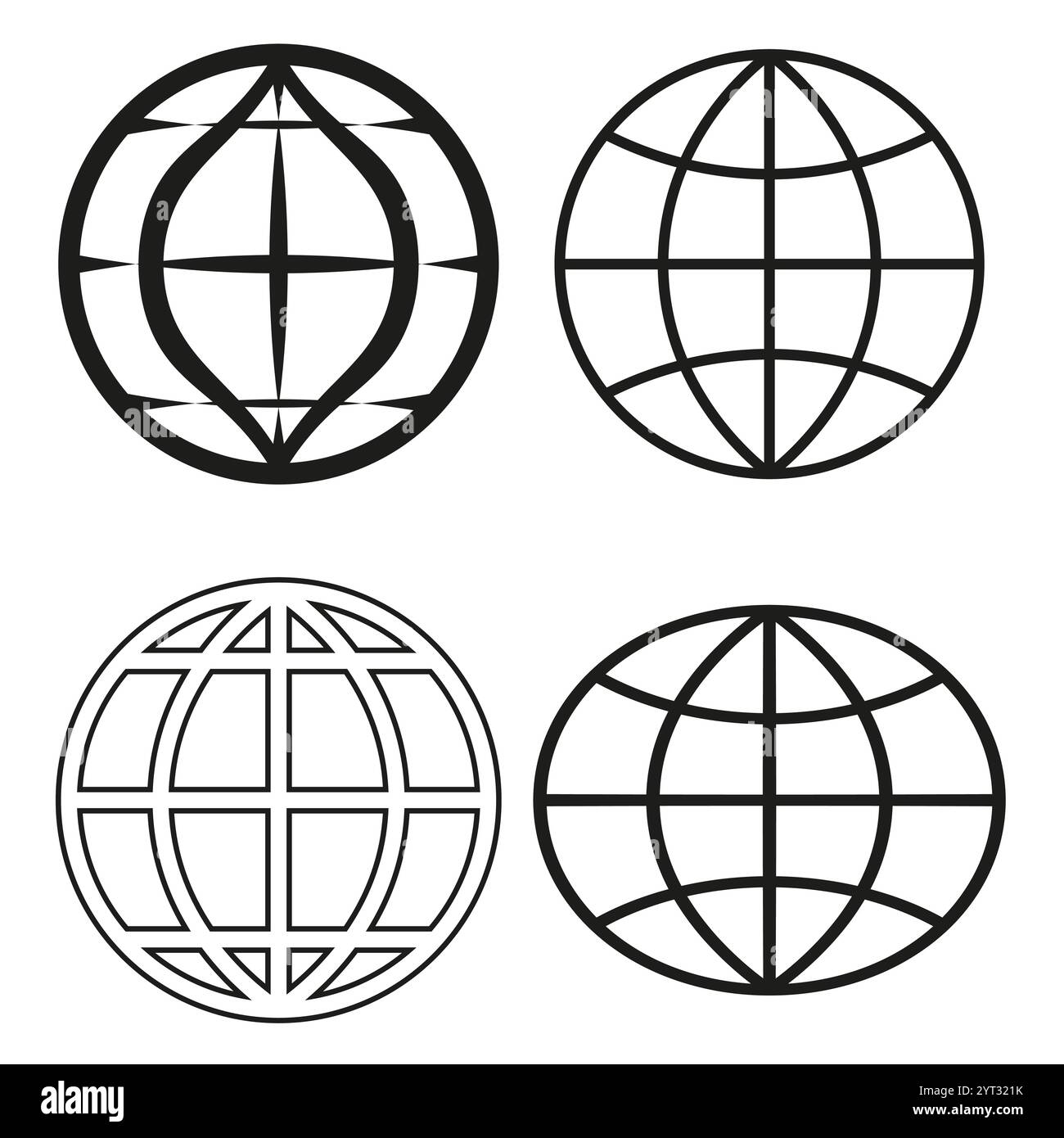 Globe icons collection. Black and white vector. Geometric grid shapes ...