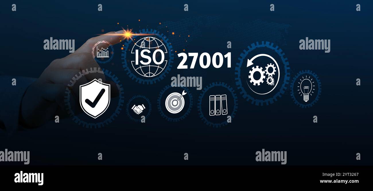 ISO 27001 concept. Businessman with ISO 27001 certified for information ...
