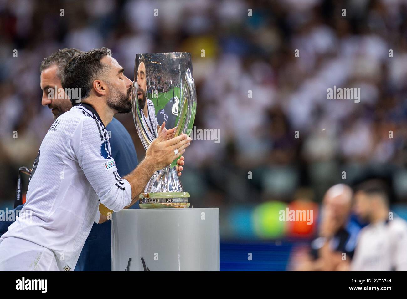Dani Carvajal of Real Madrid seen with trophy during the ceremony after ...