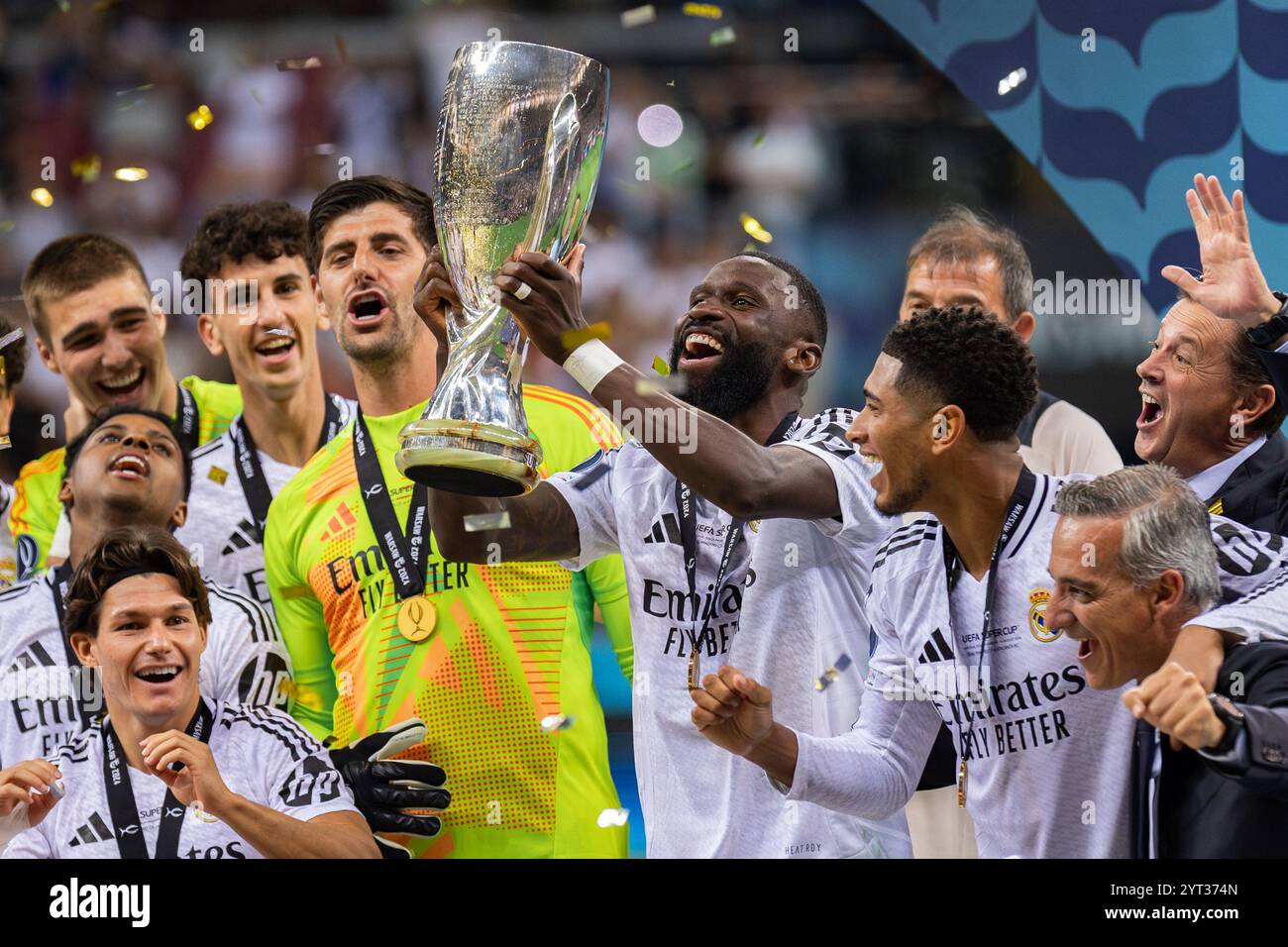 Antonio Rudiger of Real Madrid celebrates victory with trophy during ...