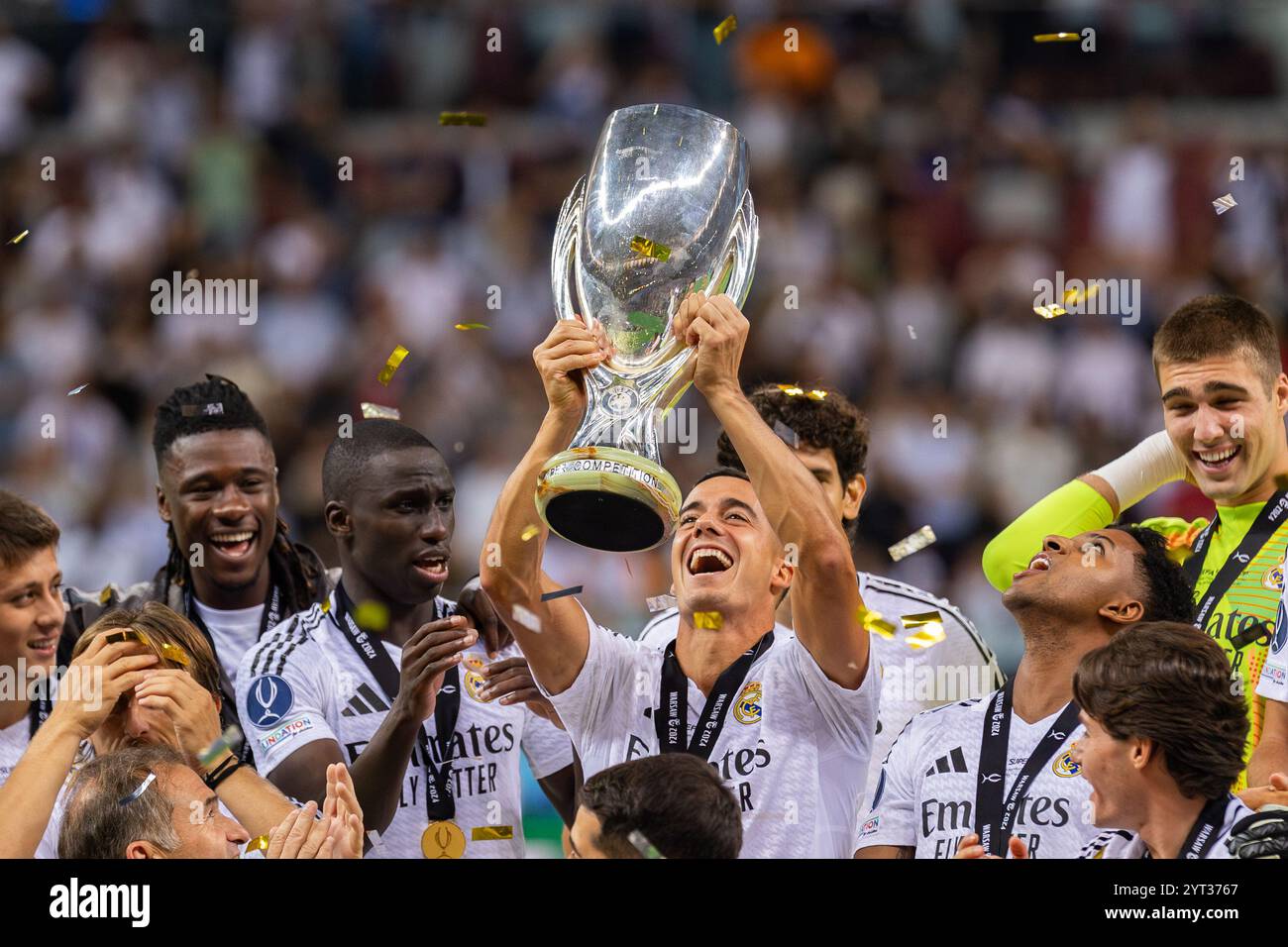 Lucas Vazquez of Real Madrid celebrates victory with trophy during the ...