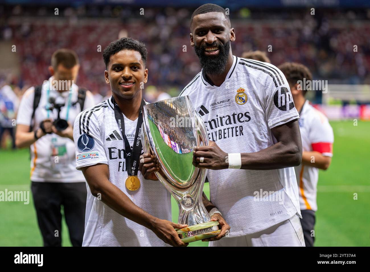 Rodrygo Silva de Goes (L) and Antonio Rudiger (R) of Real Madrid pose ...