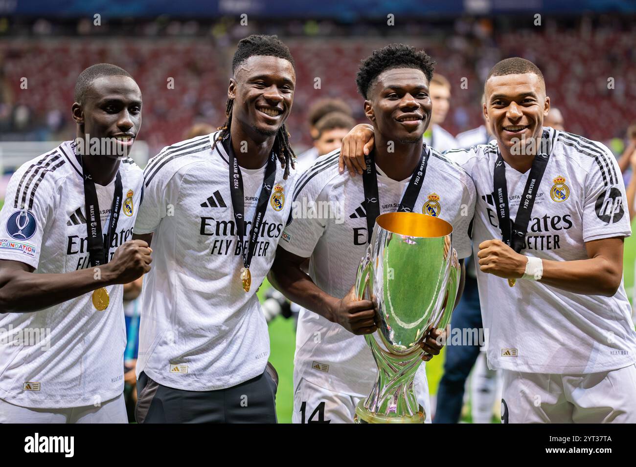 Warsaw, Poland. 14th Aug, 2024. (L to R) Ferland Mendy, Eduardo ...