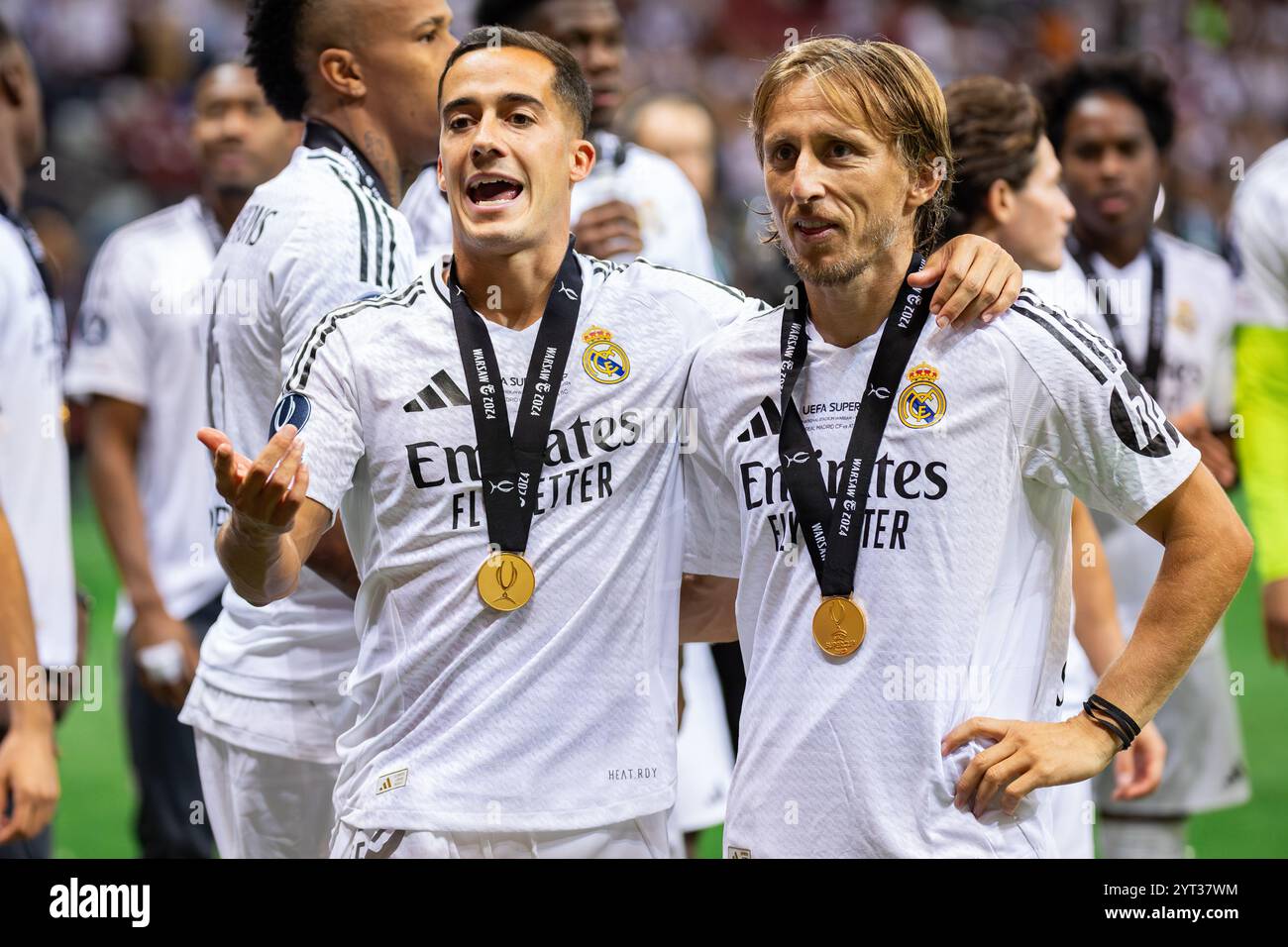 Warsaw, Poland. 14th Aug, 2024. Lucas Vazquez (L) and Luka Modric (R ...