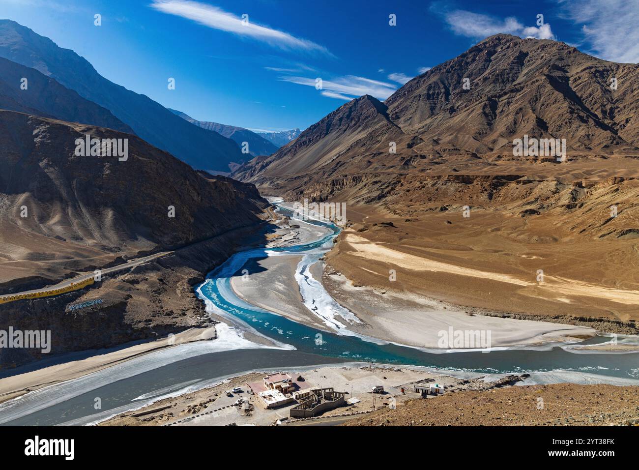 Panoramic view of confluence of river Indus and river Zanskar at Sangam point with mountains ...