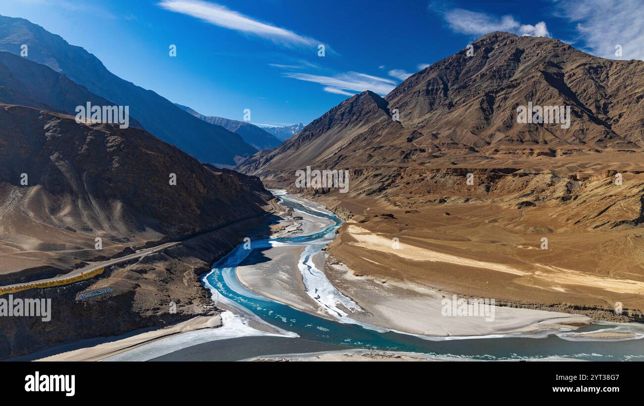 Panoramic view of confluence of river Indus and river Zanskar at Sangam ...