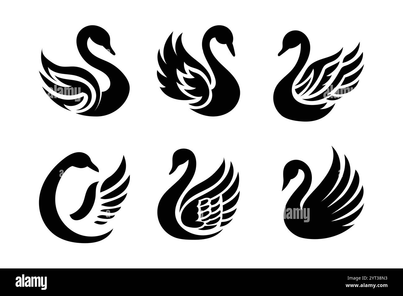 A collection of six unique black swan silhouettes featuring stylized ...