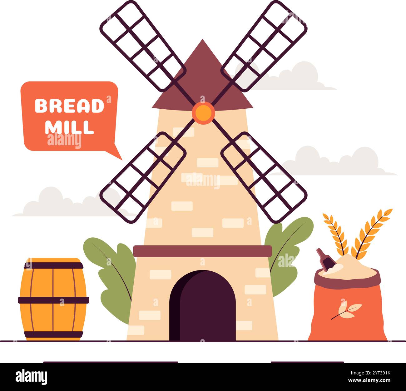 Bread Mill Vector Illustration featuring Wheat Sacks, Assorted Breads, and a Windmill for Bakery ...
