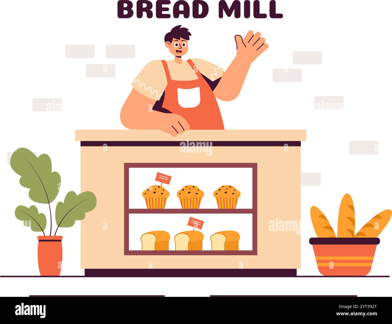 Bread Mill Vector Illustration featuring Wheat Sacks, Assorted Breads, and a Windmill for Bakery ...