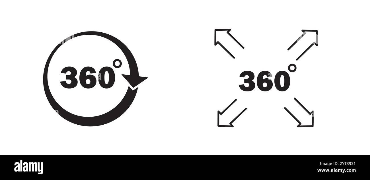 360 degrees icon set. Rotation and angle of views. Simulation and virtual reality, VR. Panorama ...