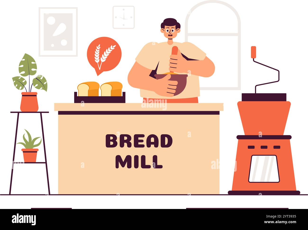 Bread Mill Vector Illustration featuring Wheat Sacks, Assorted Breads, and a Windmill for Bakery ...