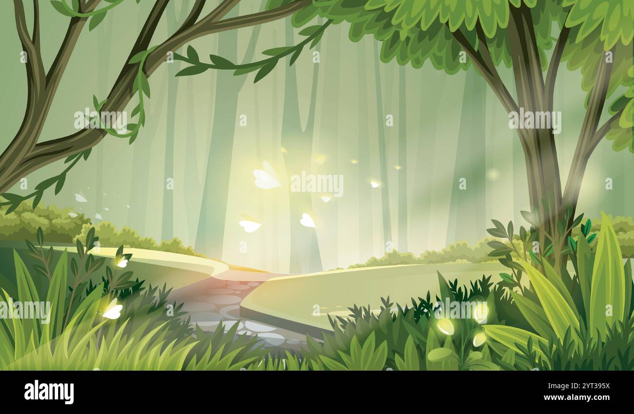 Cartoon jungle background. Fantastic and mystical forest and edge ...
